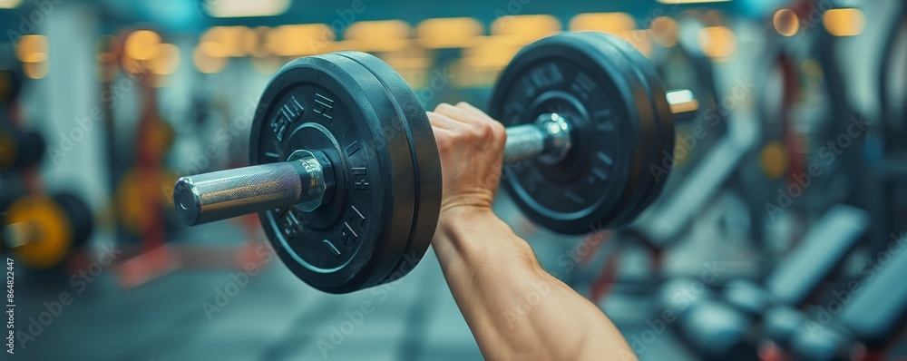 A person's arm is raised while holding a dumbbell in a vibrant gym ...