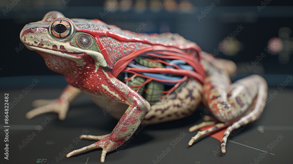 Biology class dissecting a virtual frog, detailed 3D anatomy, [virtual ...