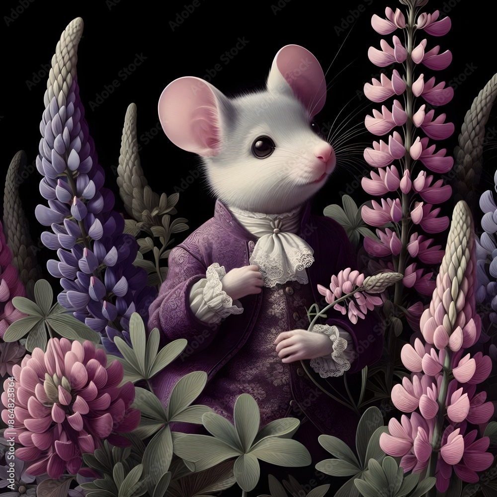 Vibrant illustration of a cute white mouse portrait dressed in a royal ...