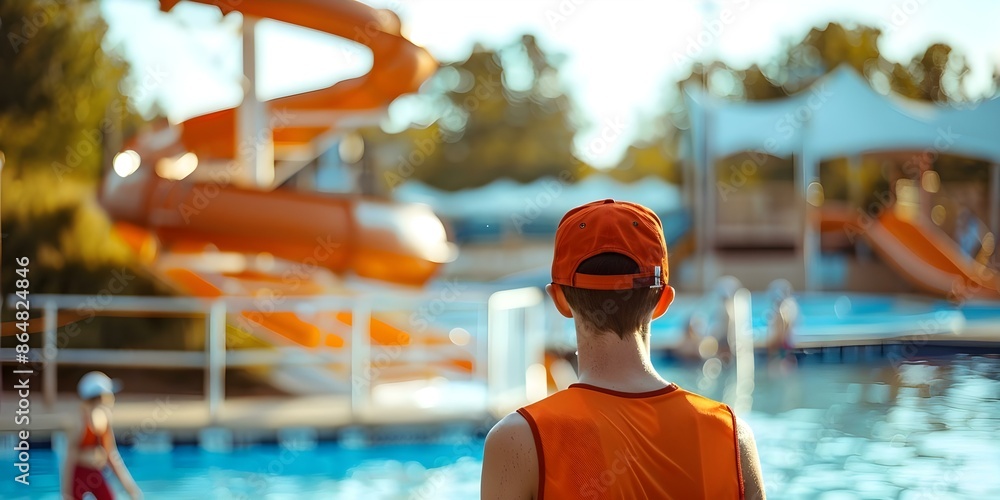 Lifeguard in orange cap watching over a water park. Concept Summer ...