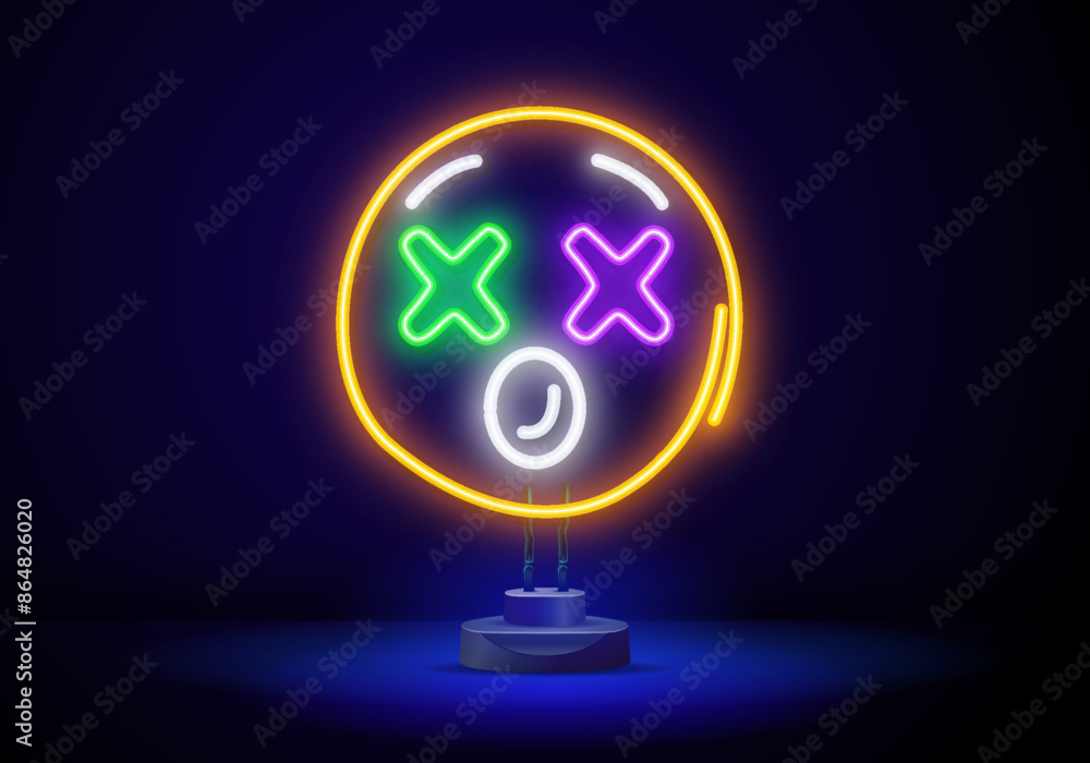 Excited emoticon with cool gesture neon sign. Star on smiley, showing ...