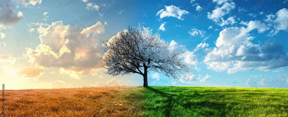 Collage tree summer vs. winter, Seasonal split view summer vs winter in ...