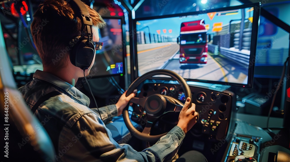 Gamer playing pc game with racing wheel controller. Race simulator with ...