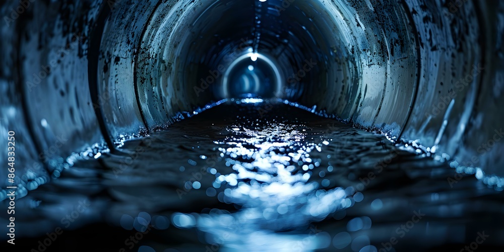 The flow of dark water in underground sewer system pipes. Concept ...