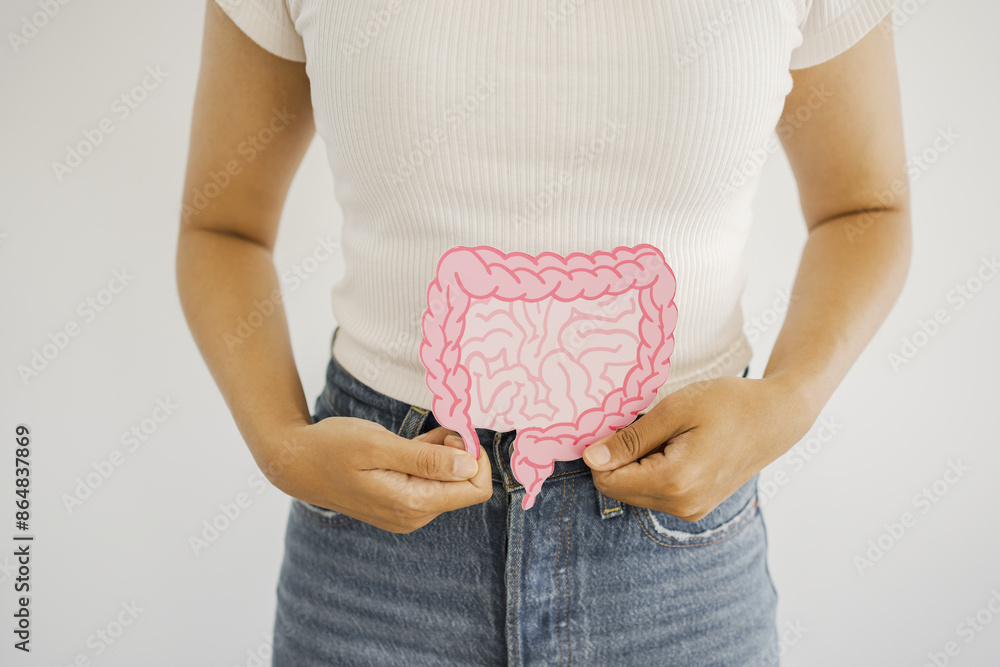 Woman hands holding intestine shape, healthy bowel digestion, leaky gut ...