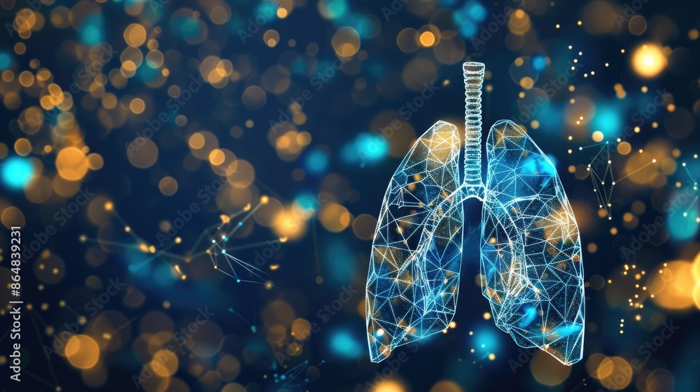 Glowing Digital Wireframe of Lungs Against a Dark Background with Blue and Gold Bokeh Lights ...