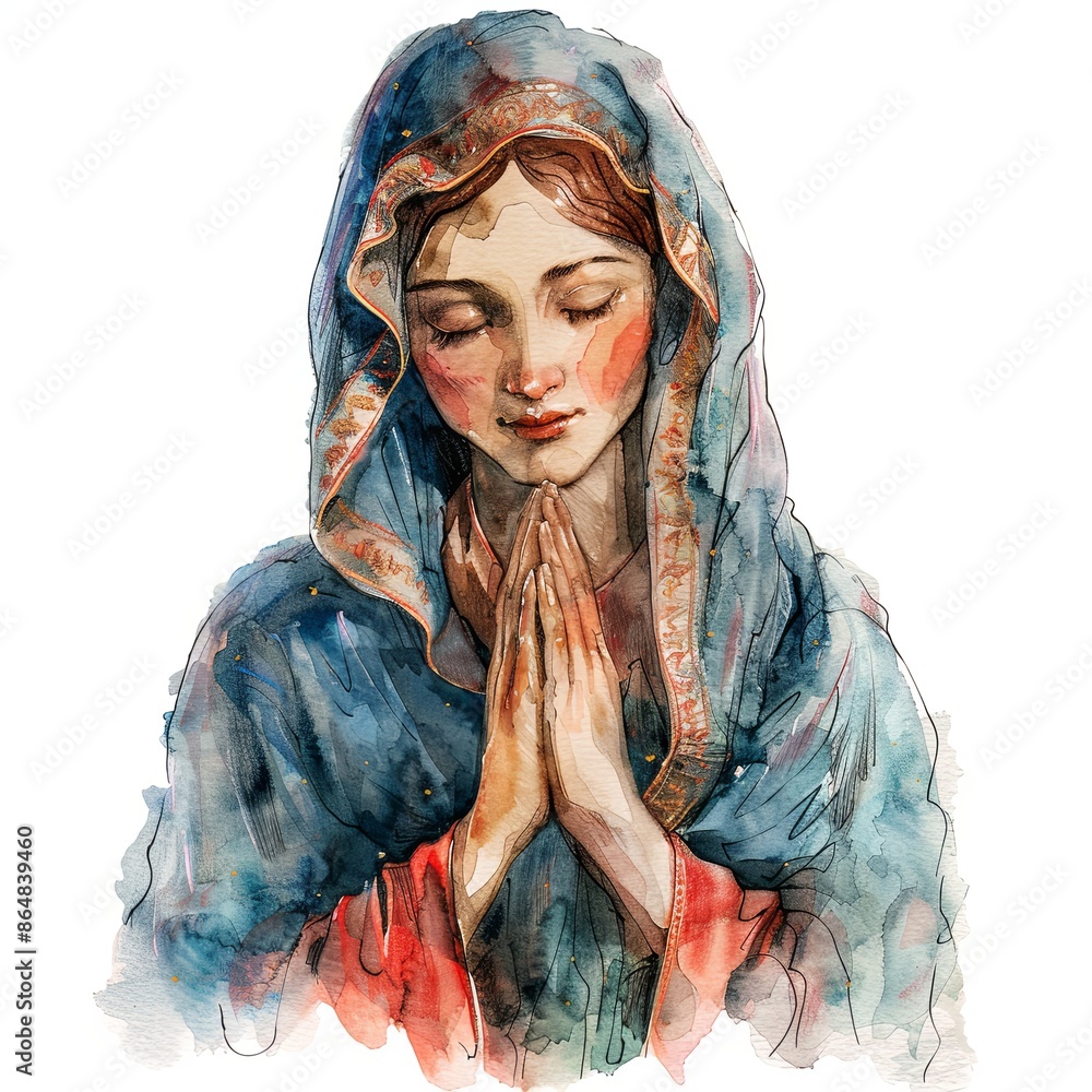 Virgin Mary praying with eyes closed watercolor clipart illustration on ...