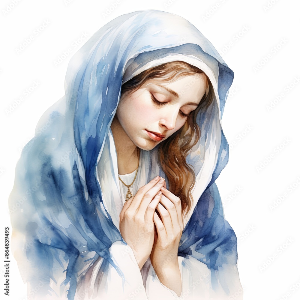 Virgin Mary praying with eyes closed watercolor clipart illustration on white background Stock ...