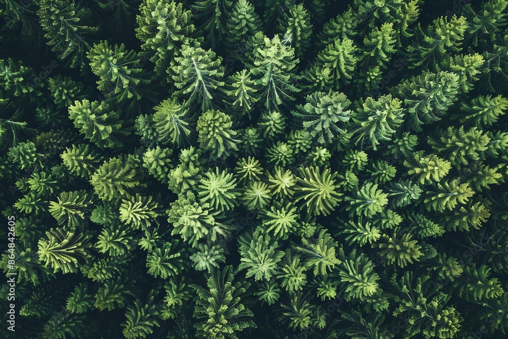 Aerial view of a pine forest in spring, with the dense canopy creating ...