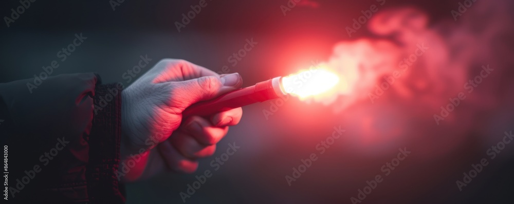 A close-up of a hand holding a lit flare at dusk, emitting red light ...
