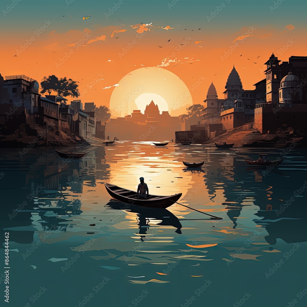 Flat Design Vector Art Depicting Varanasi's Iconic Ghats and Temples ...