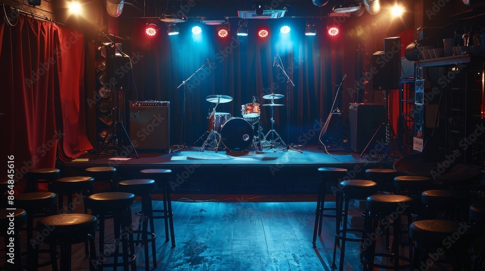 A dimly lit nightclub stage is set up for a live standup comedy show ...