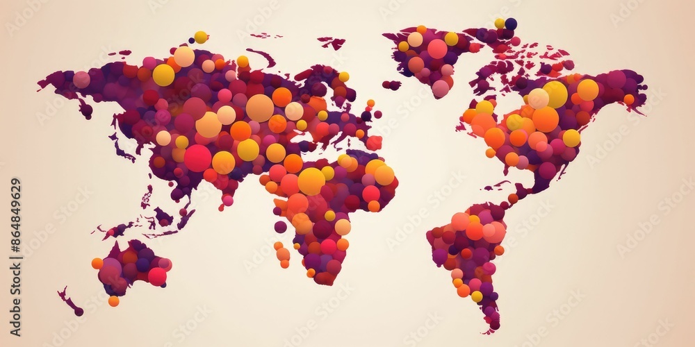 Stylized world map composed of multicolored circles on a white ...