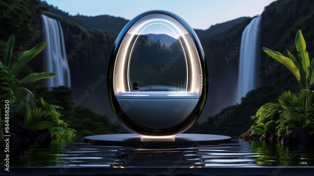 Futuristic egg-shaped pod in serene nature, surrounded by lush greenery ...