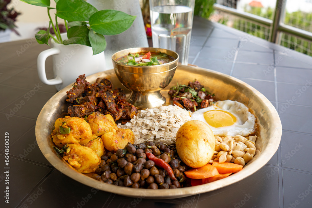 Newari Khaja Set Typical Nepali Thali with Rice Flakes, Choyila, Eggs ...