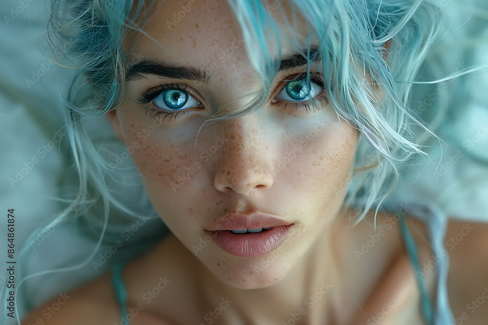 very beautiful girl with expressive features, looking in front of her ...