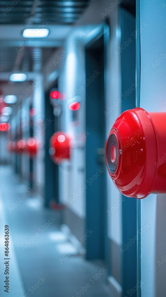 Bright red fire alarms in a dim, blue-toned hallway evoke safety and ...