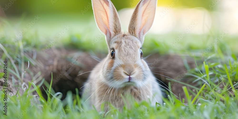 Rabbits emerging from warren burrows in a lush meadow with cozy ...