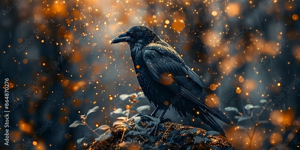 Celtic myth Black crow with golden feathers symbols of Odins wisdom ...