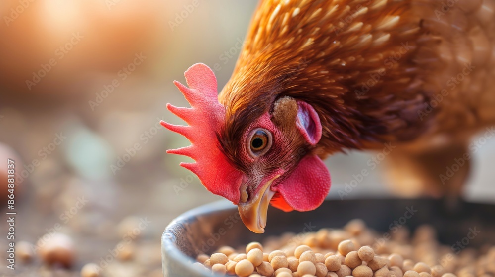 Close-up of a brown chicken eating soybeans from a black bowl. Detailed ...