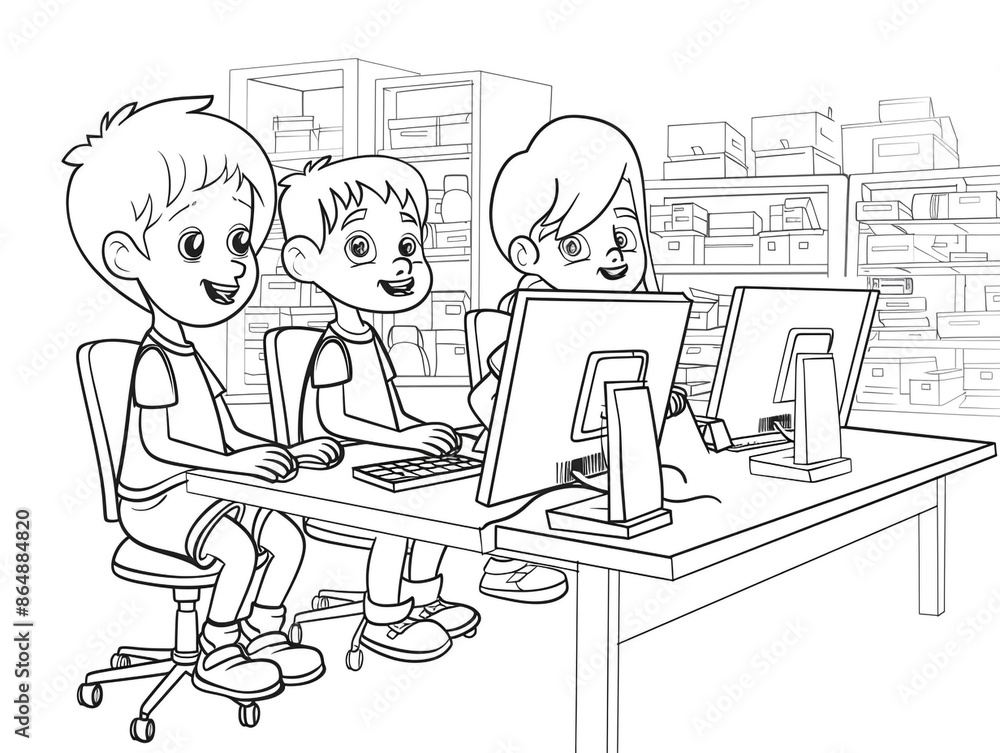Cartoon kids in a computer lab, outlined for coloring, on a white ...