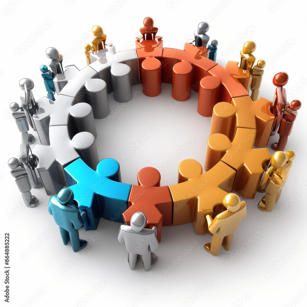 A series of 3D icons depicting corporate teamwork, with figures working ...