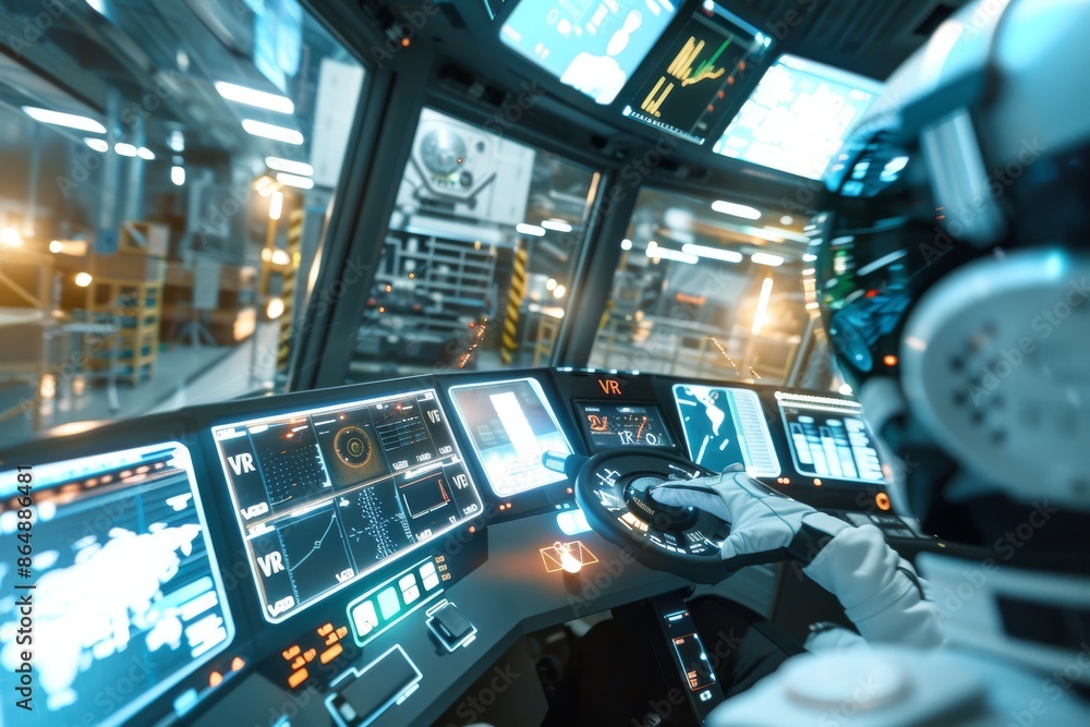 Man using VR headset in a futuristic cockpit, experiencing immersive ...