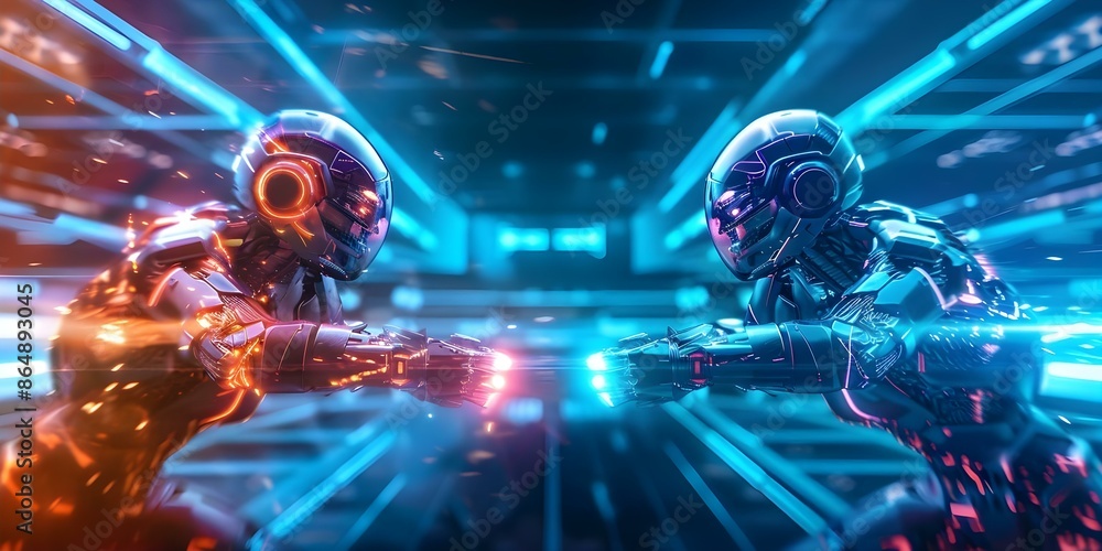 Cybernetic warrior fights robotic foes in futuristic arena with ...