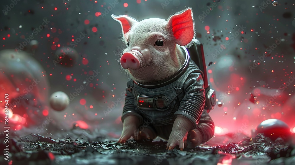 Cute pig in space wearing spacesuit. Exploration concept, space glaxy ...