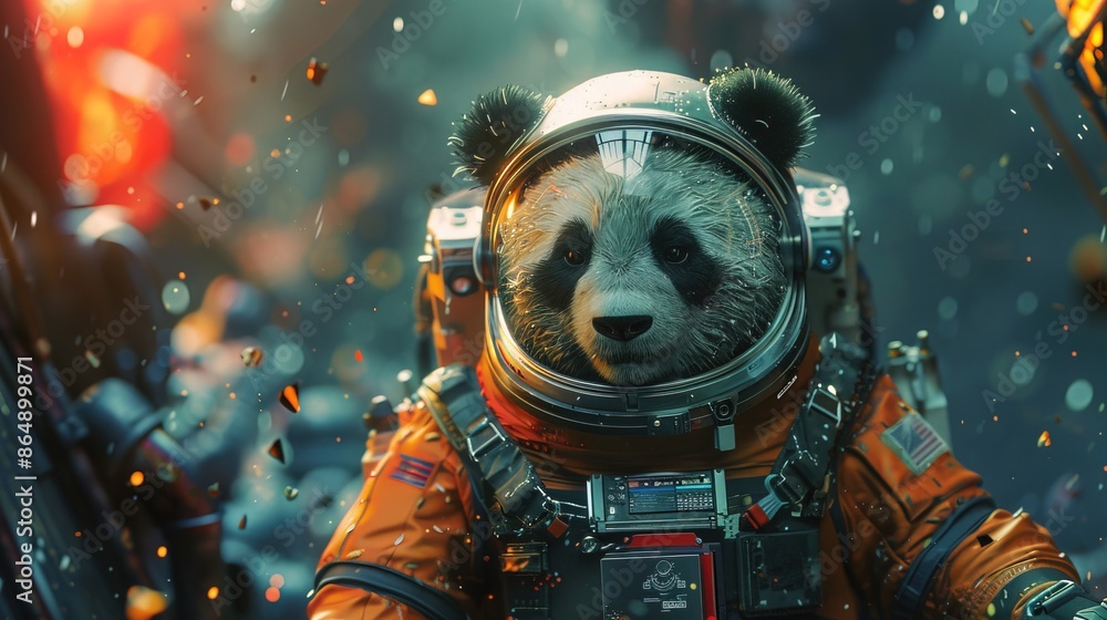 Cute panda in space wearing spacesuit. Exploration concept, space glaxy ...