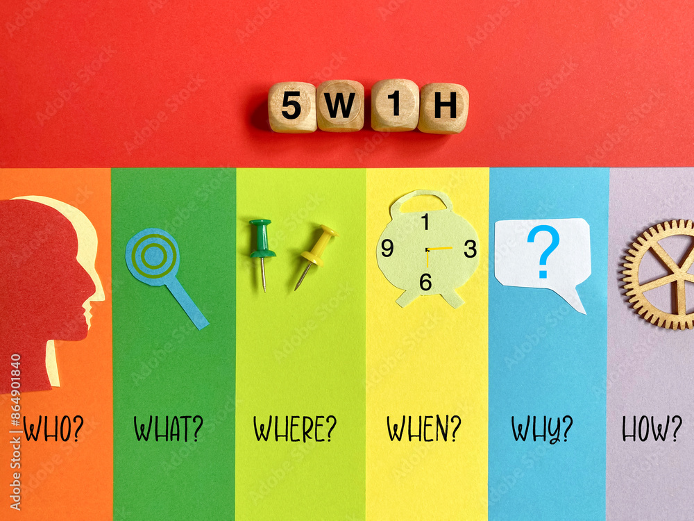 5W1H( who,what,where,when,why,how) on wooden cube and multicolor paper background. Strategy for ...