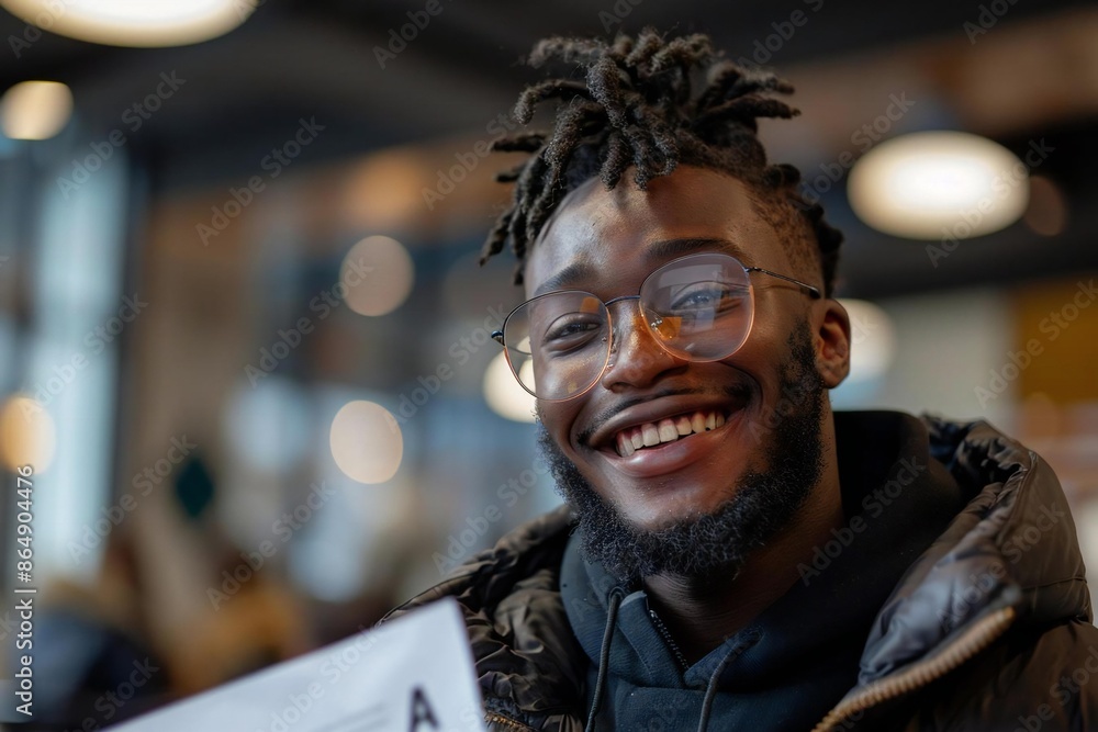 Happy African male student with a well-groomed beard, wearing ...