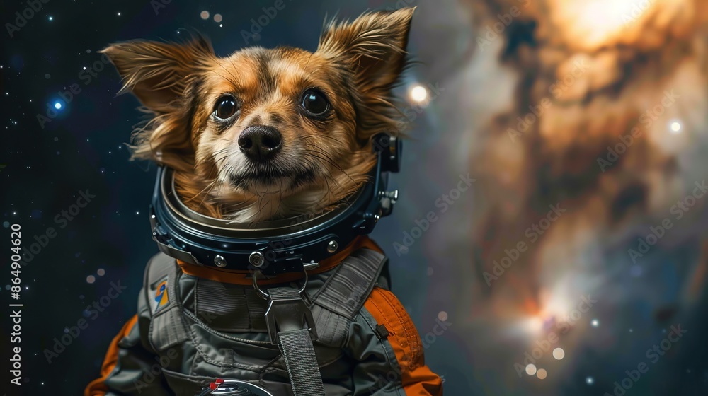 Cute little dog in space wearing spacesuit. Exploration concept, space ...