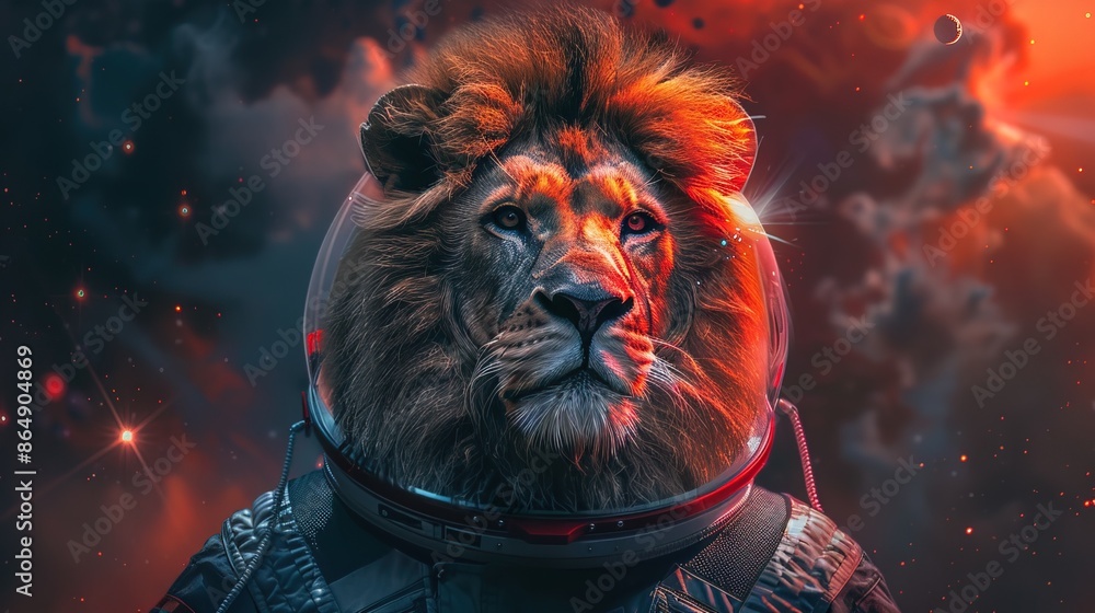 Cute lion in space wearing spacesuit. Exploration concept, space glaxy ...