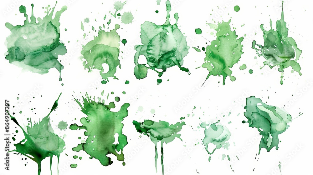 Set of abstract green watercolor water splash on a white background ...