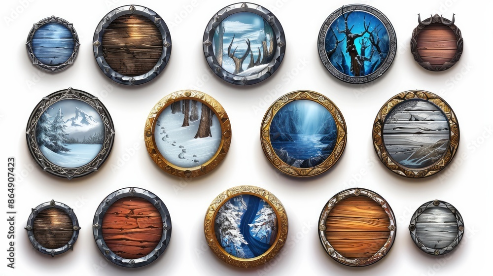 Set of round ui game frames, textured circles made of silver, gold ...
