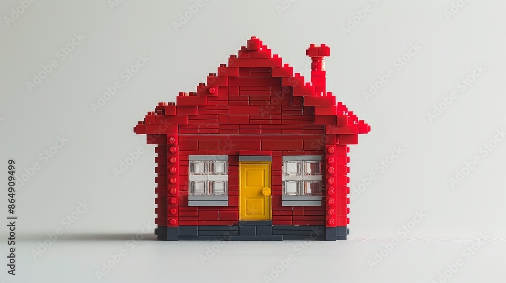 Building a Red house with Plastic blocks on white background,small farm ...