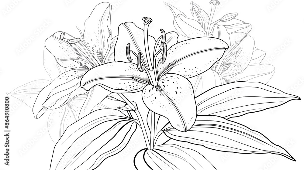Cartoon stargazer lily flower, outlined for coloring, on a white ...