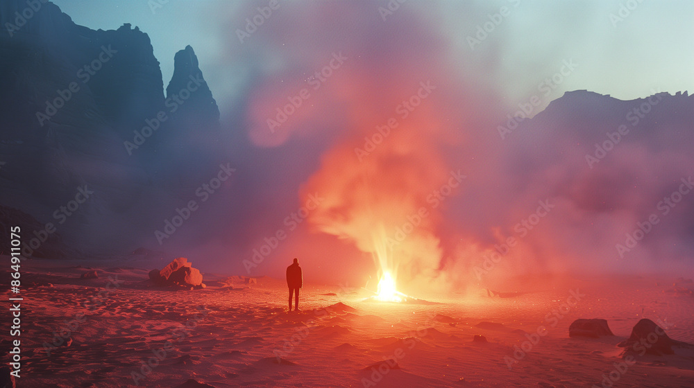 there is a person standing in front of a fire with smoke coming out of ...