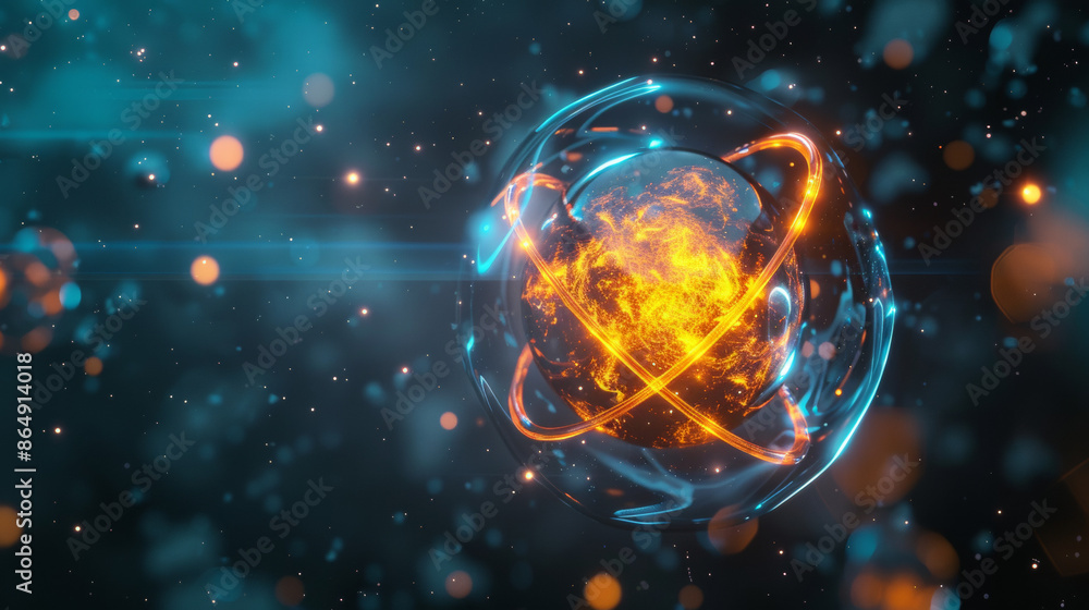 3D atom model with a glowing nucleus. Electrons orbit the nucleus ...