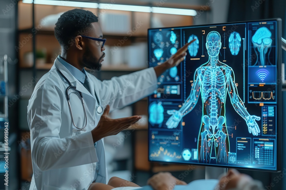 Doctor conducting full body scan on patient with futuristic digital ...