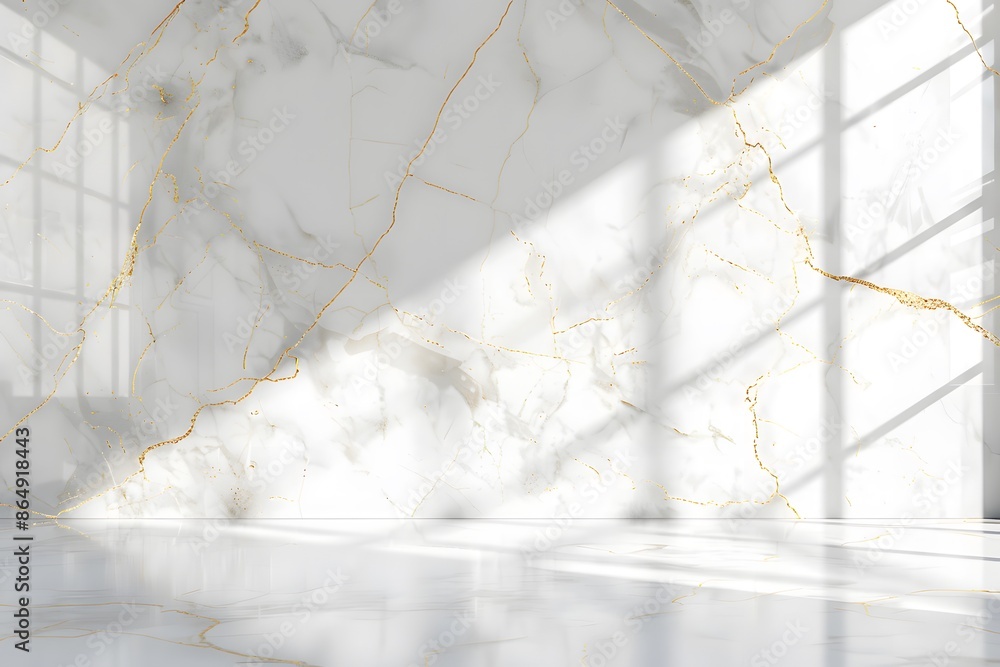 white marble with golden veins wall and floor, sun rays shining through ...