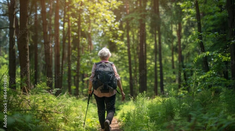 Old woman hiking, Senior citizen woman enjoying an active life, walking ...