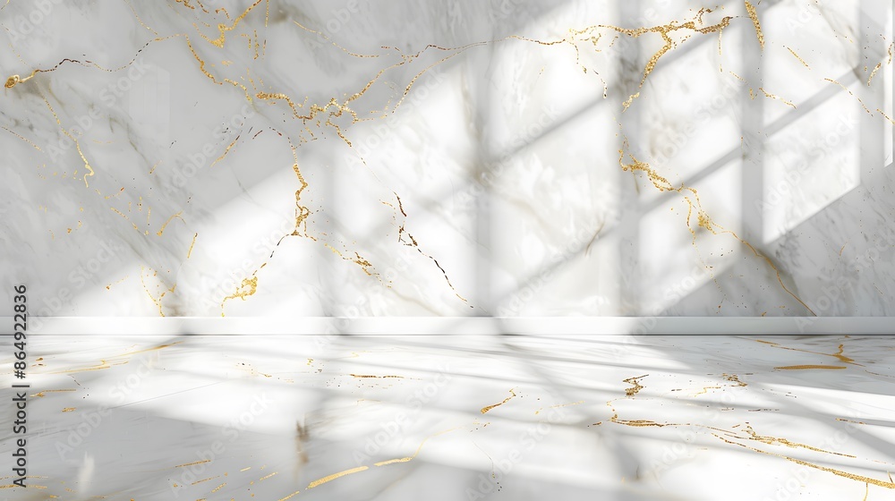 white marble with golden veins wall and floor, sun rays shining through ...
