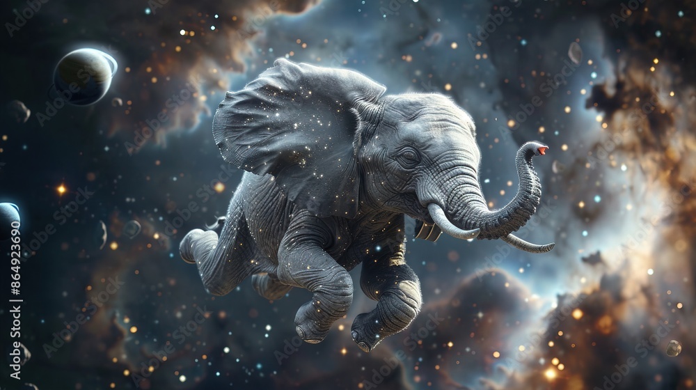 Cute elephant in space wearing spacesuit. Exploration concept, space ...