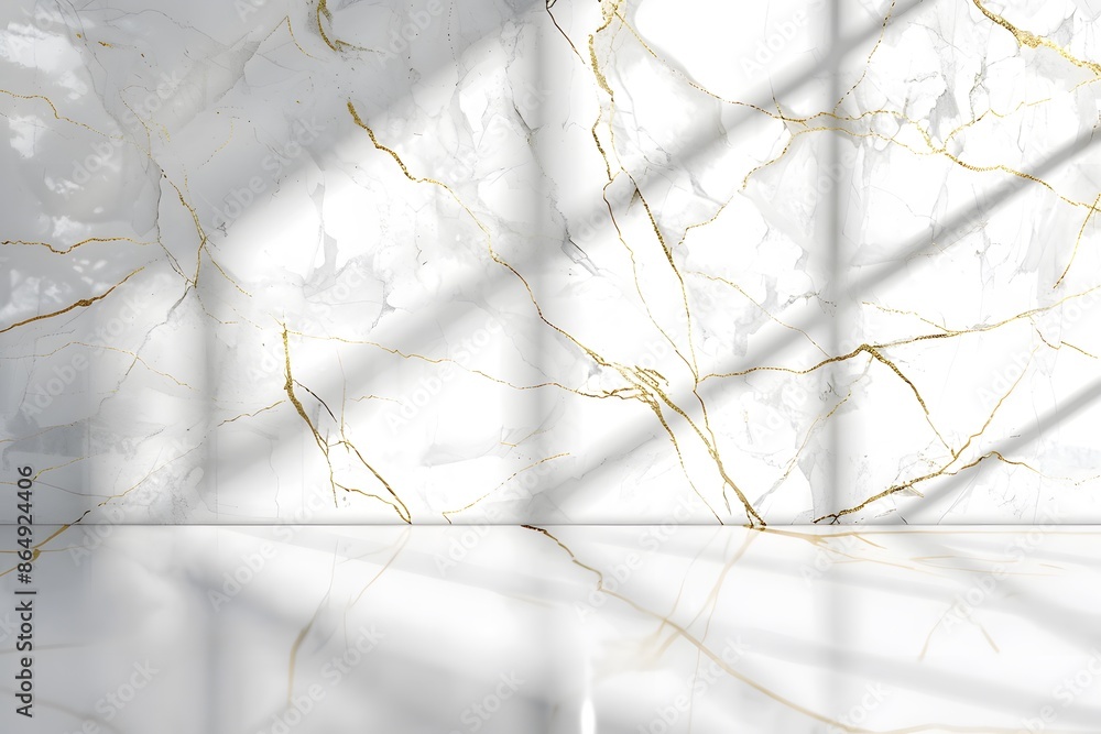 white marble with golden veins wall and floor, sun rays shining through ...