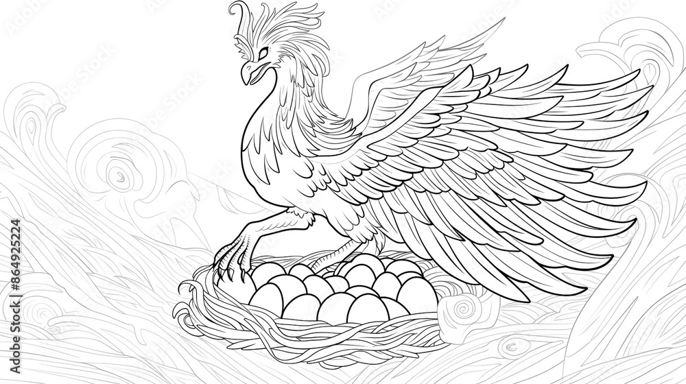 Sketch outline of a phoenix with a nest of eggs, outlined for coloring ...
