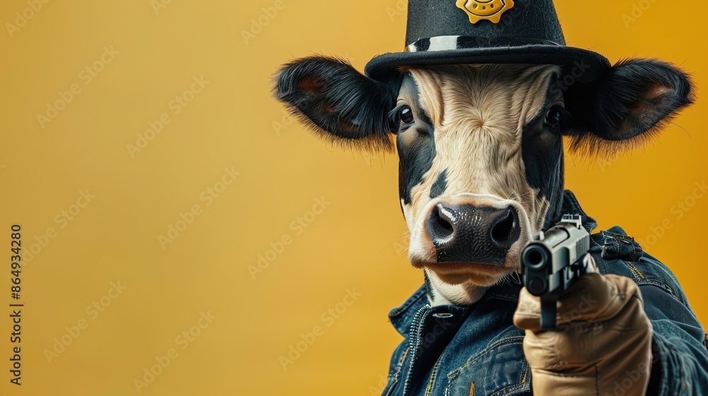 Angry Cow Police costume, holding gun ready to shoot, isolated color ...