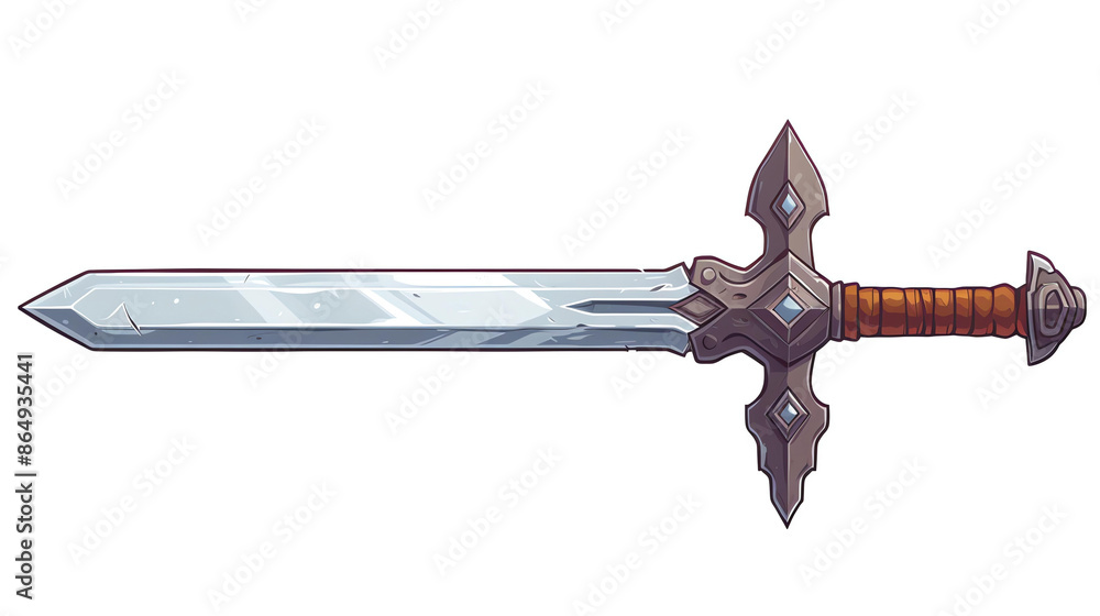 A cartoon sword with a silver blade and brown handle. The blade is wide ...