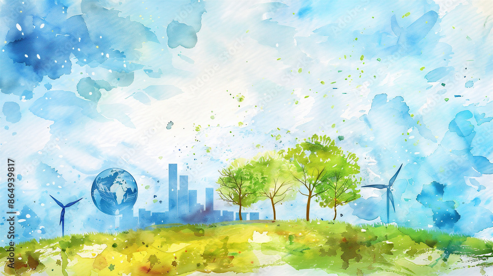 Vibrant Watercolor Painting of Sustainability, Environmentally Friendly ...